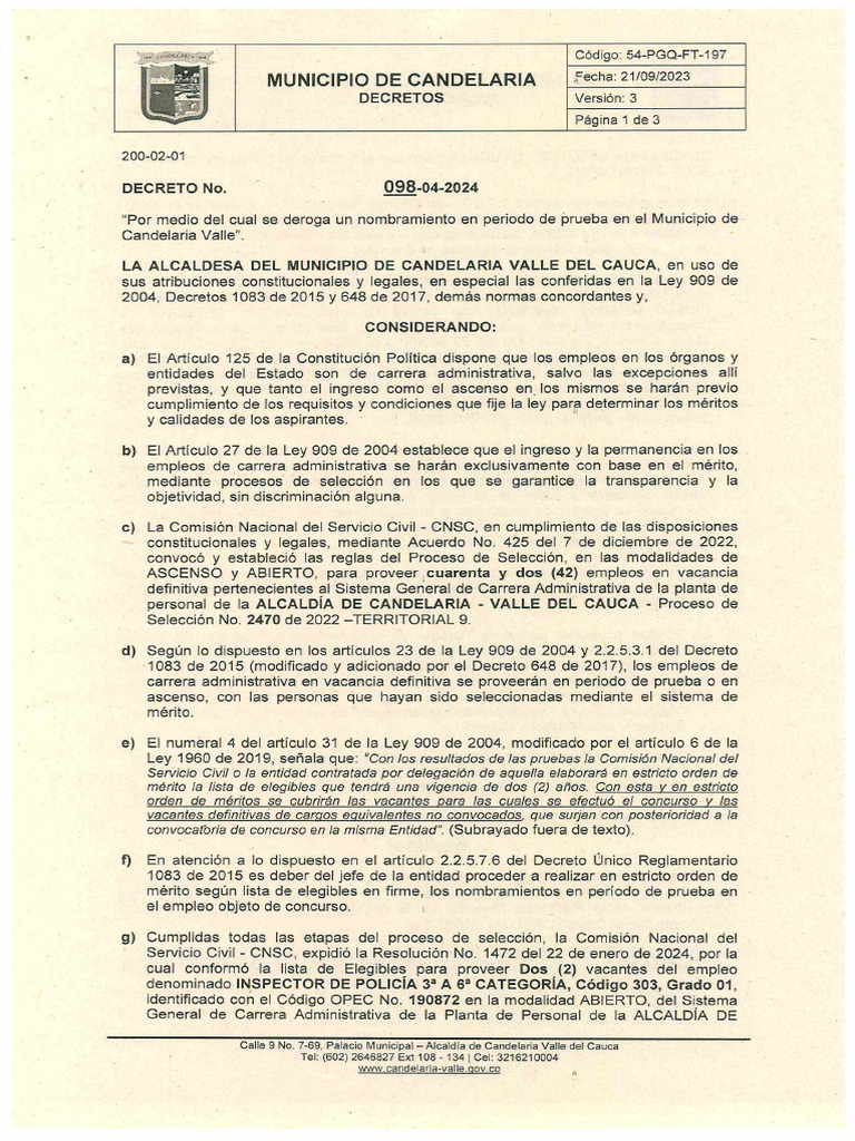 DECRETO No. 098 - SE DEROGA UN NOMBRAMIENTO EN PERIODO DE PRUEBA | PDF