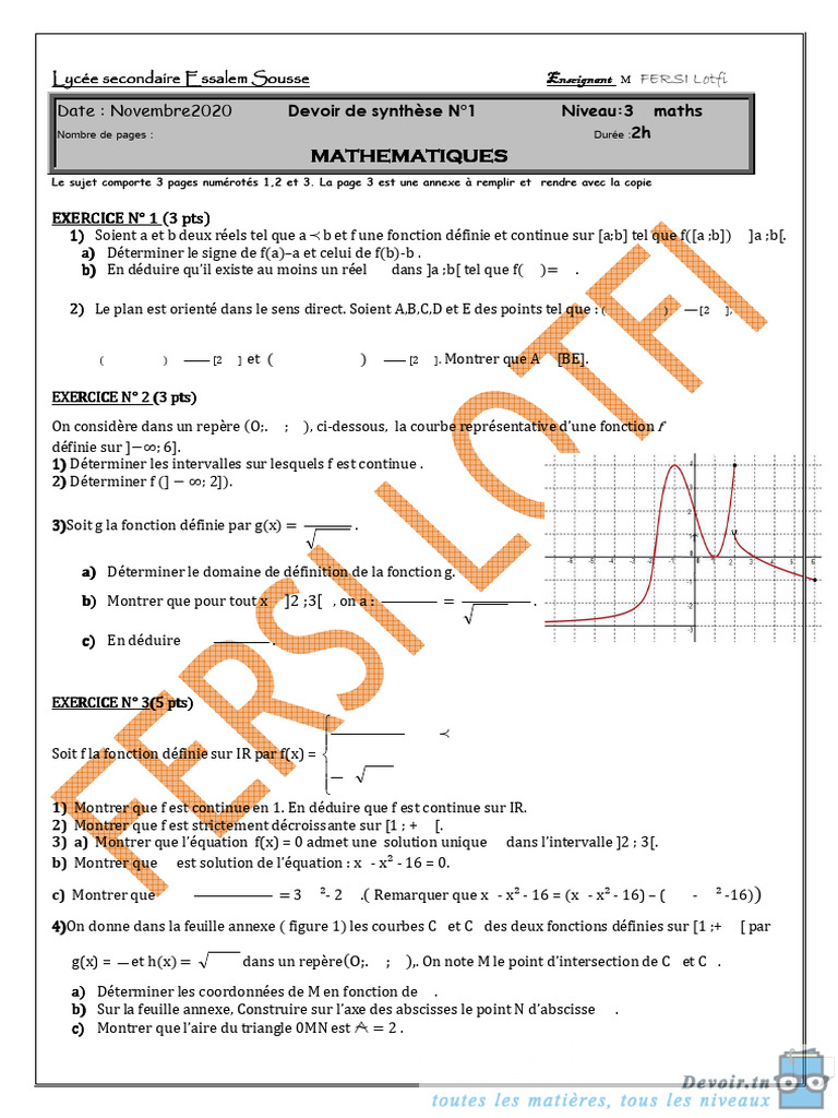 Devoir de Synthèse N°1 2020 2021 (Lycée Essalem) | PDF