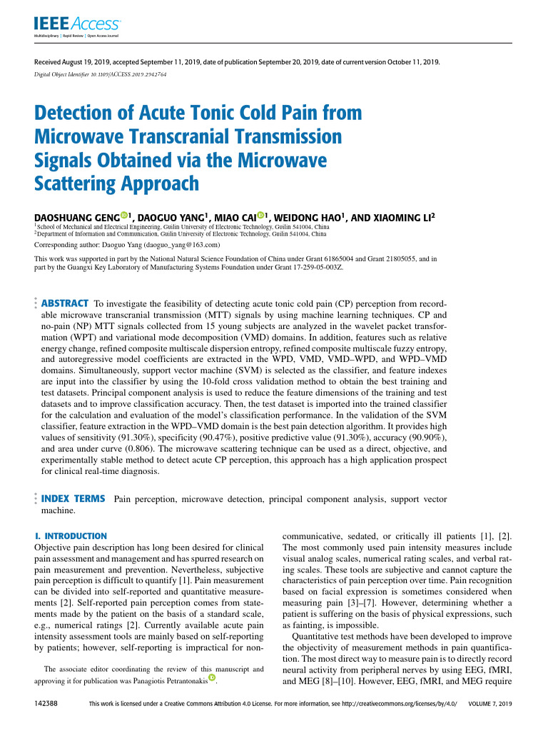 Detection of Acute Tonic Cold Pain From Microwave Transcranial Transmission Signals Obtained Via ...