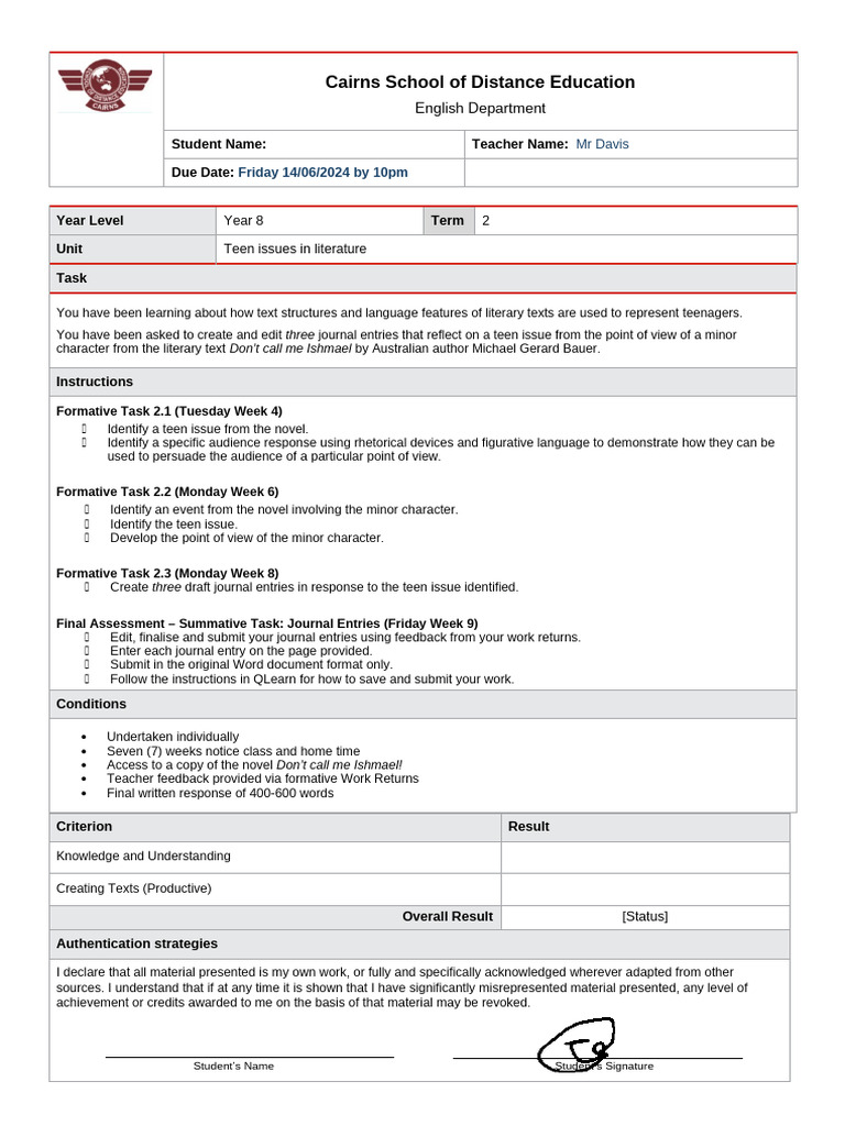 2024 Y8 English Teen Issues in Literature Summative Task Sheet ...