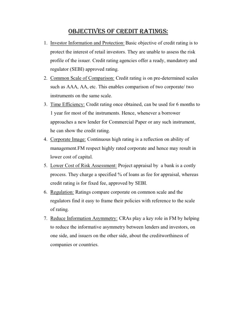 Objectives of Credit Ratings | PDF