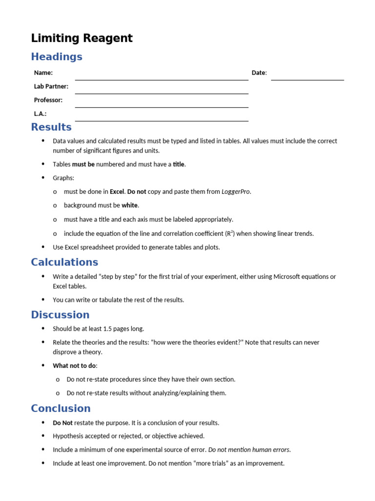 Week 6 - Limiting Reagent - Lab Report Guidelines-1 | PDF