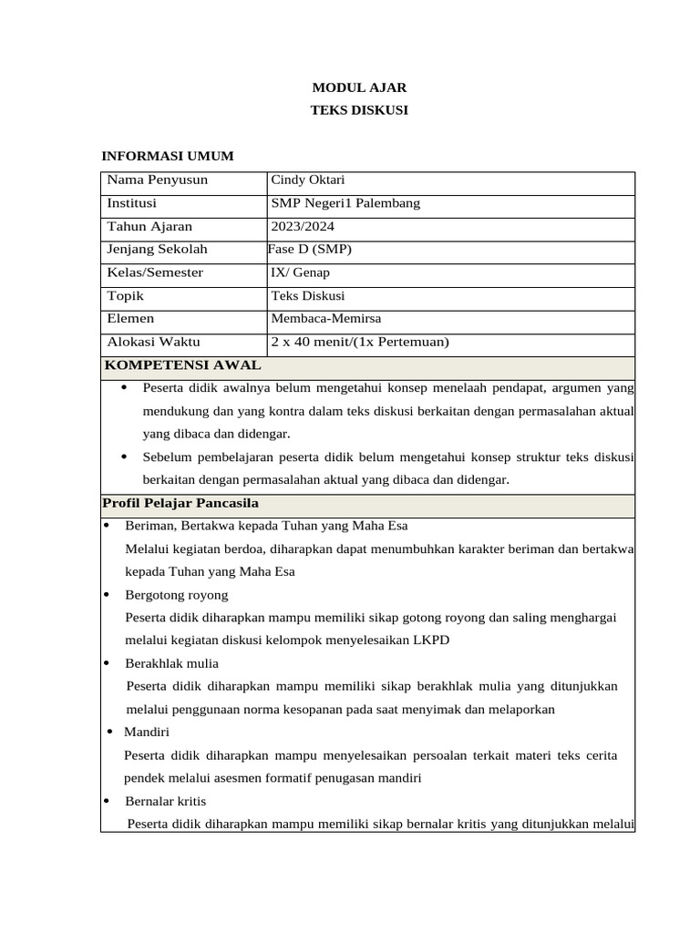 Modul Ajar Struktur Teks Diskusi | PDF