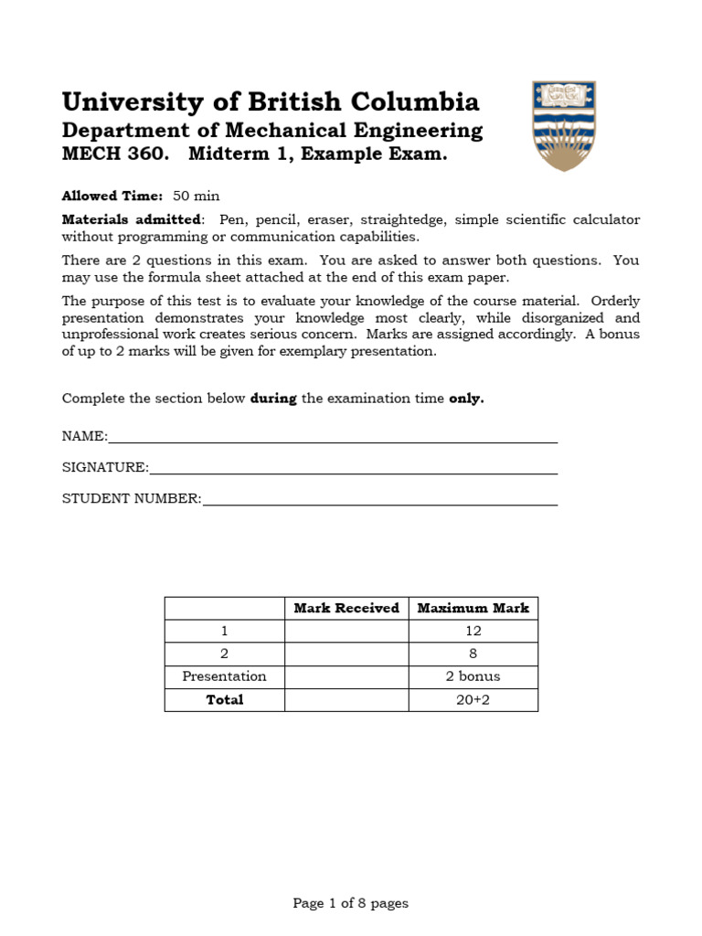MECH 360 Example Exam | PDF