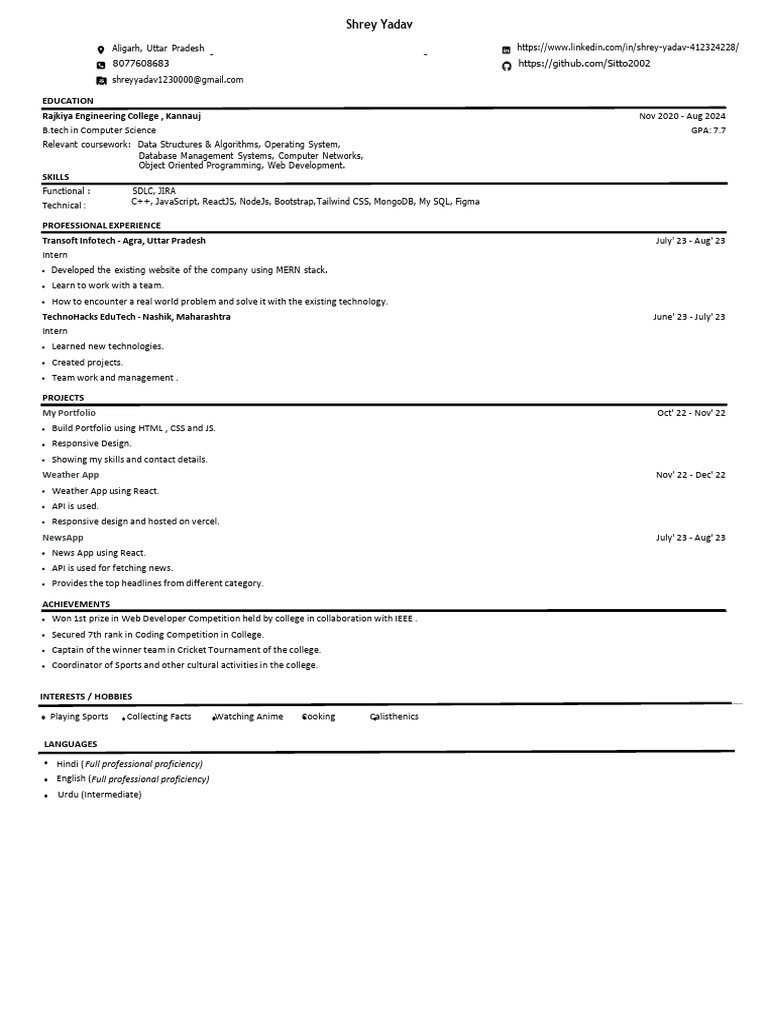 Shrey Yadav CV | PDF | Software | Computing Shrey Yadav CV | PDF | Software | Computing