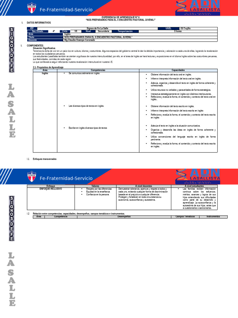 EXPERIENCIA DE APRENDIZAJE N°6 - 4°sec - PDF Inglés | PDF