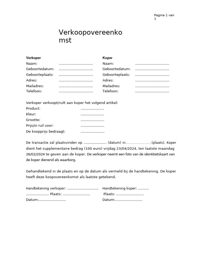 Koopakte Voorbeeld | PDF