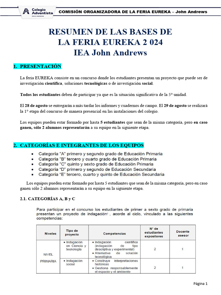 Resumen de Las Bases de La Feria EUREKA 2024 | PDF