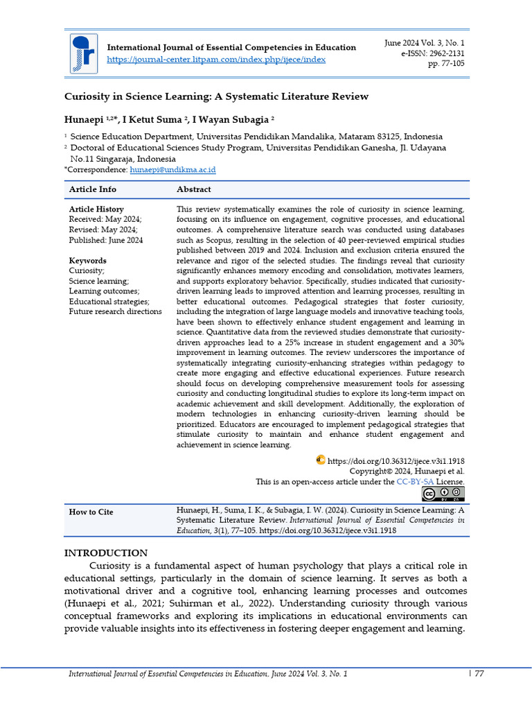 Curiosity in Science Learning A Systematic Literature Review | PDF ...