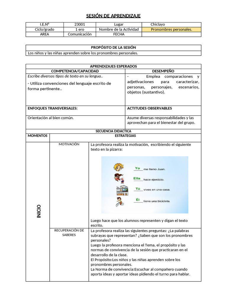 Modelo Sesion de Aprendizaje Pronombres Personales | PDF | Maestros | Evaluación