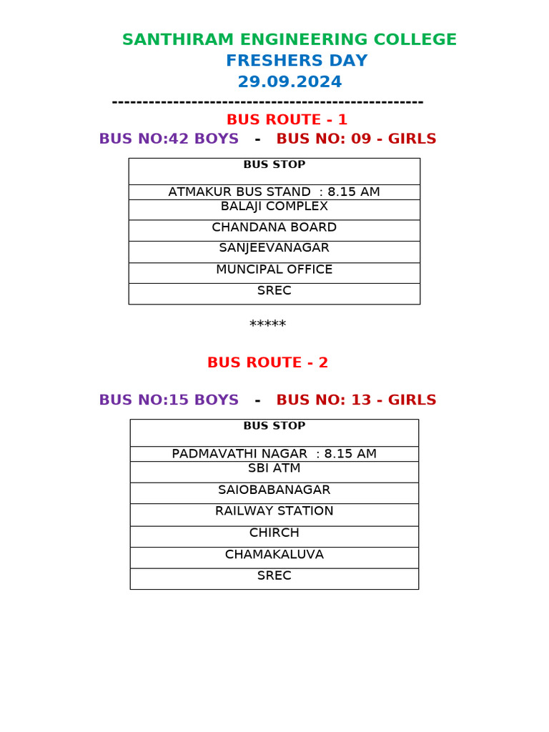 Freshers Day Bus Route | PDF