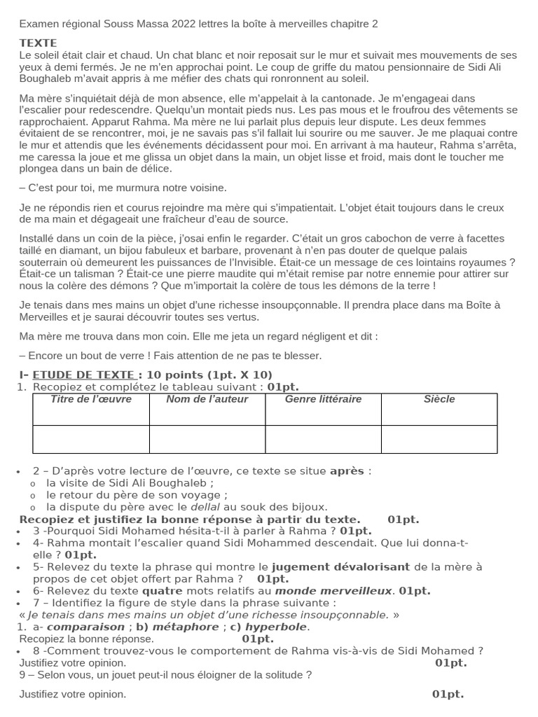 Examen Régional Souss Massa 2022 Lettres La Boîte À Merveilles Chapitre 2 | PDF