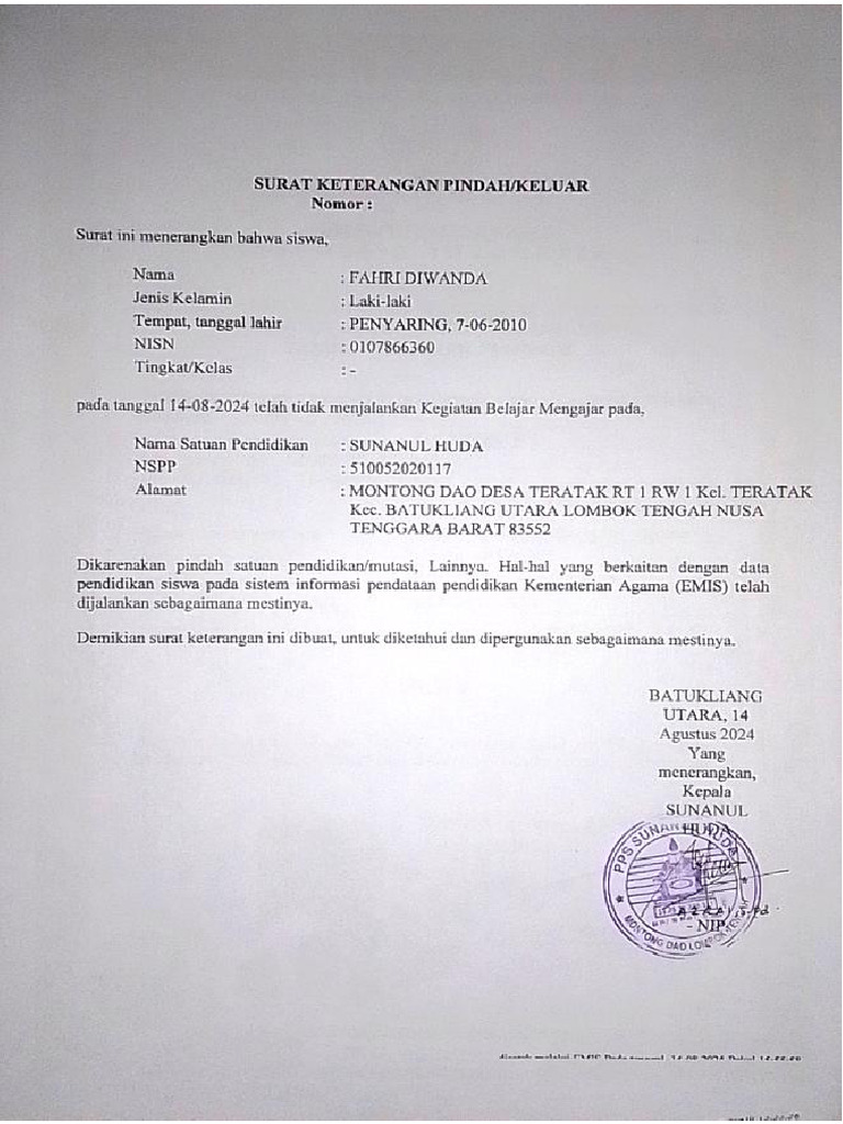 Surat Mutasi Fahri Diwanda | PDF