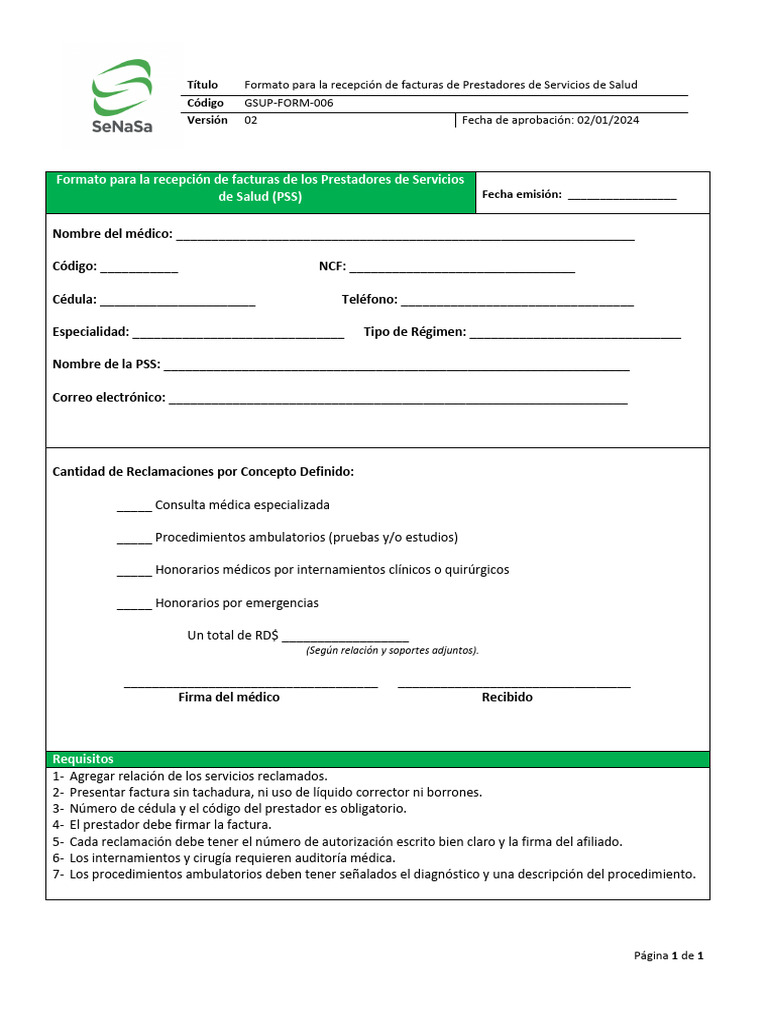 Formato para La Recepción de Facturas de Prestadores de Servicios de ...