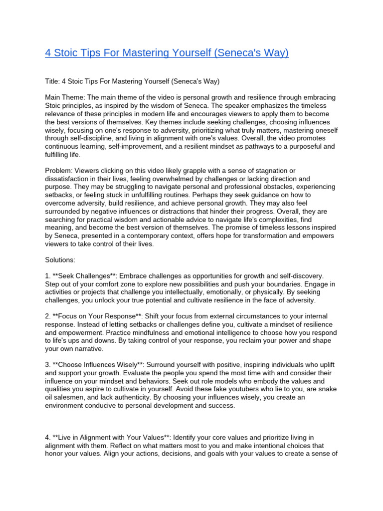 4 Stoic Tips For Mastering Yourself (Seneca - S Way) | PDF