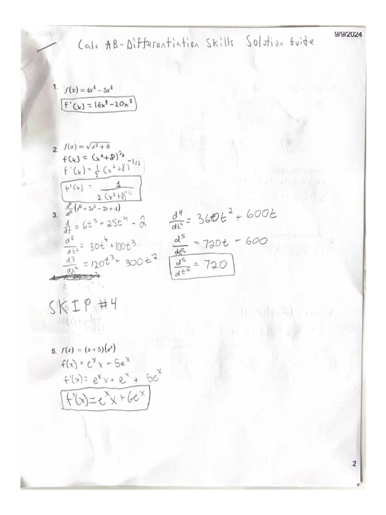 Calc AB Differentiation Skills Solution Guide | PDF