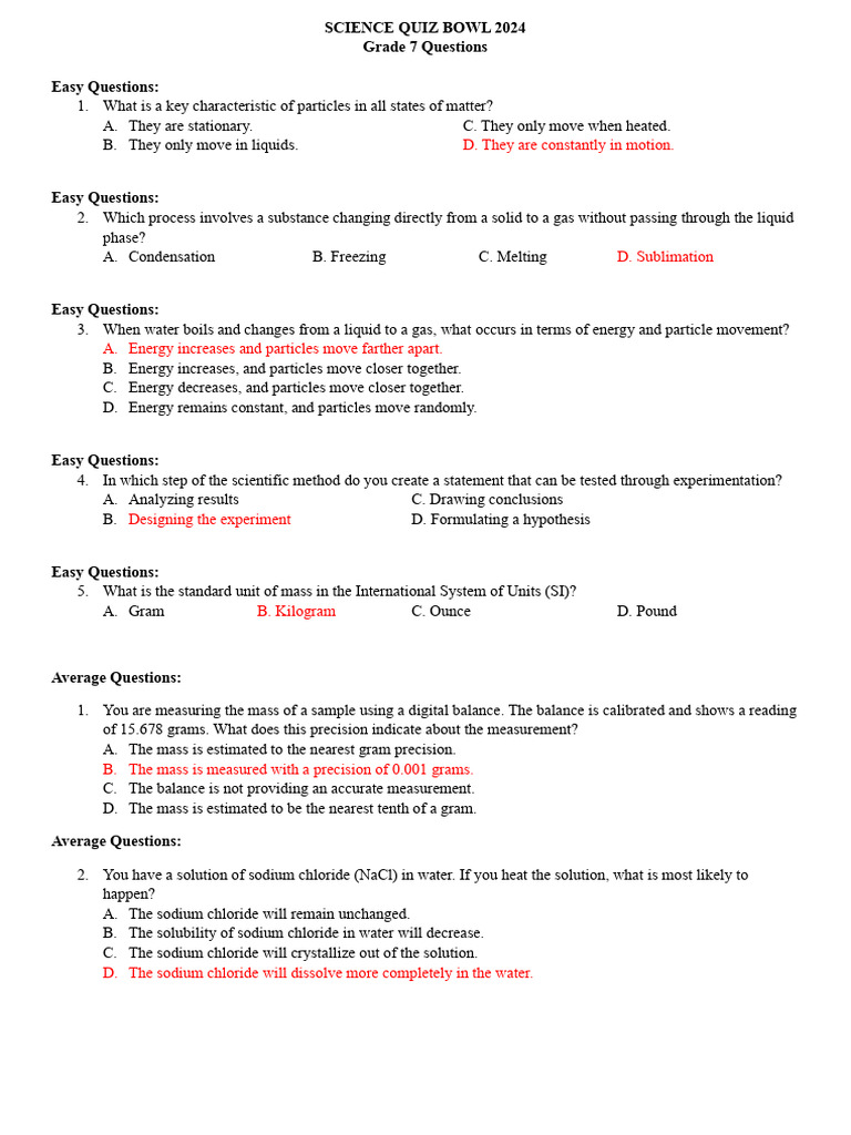 7 Science Quiz Bowl 2024 | PDF