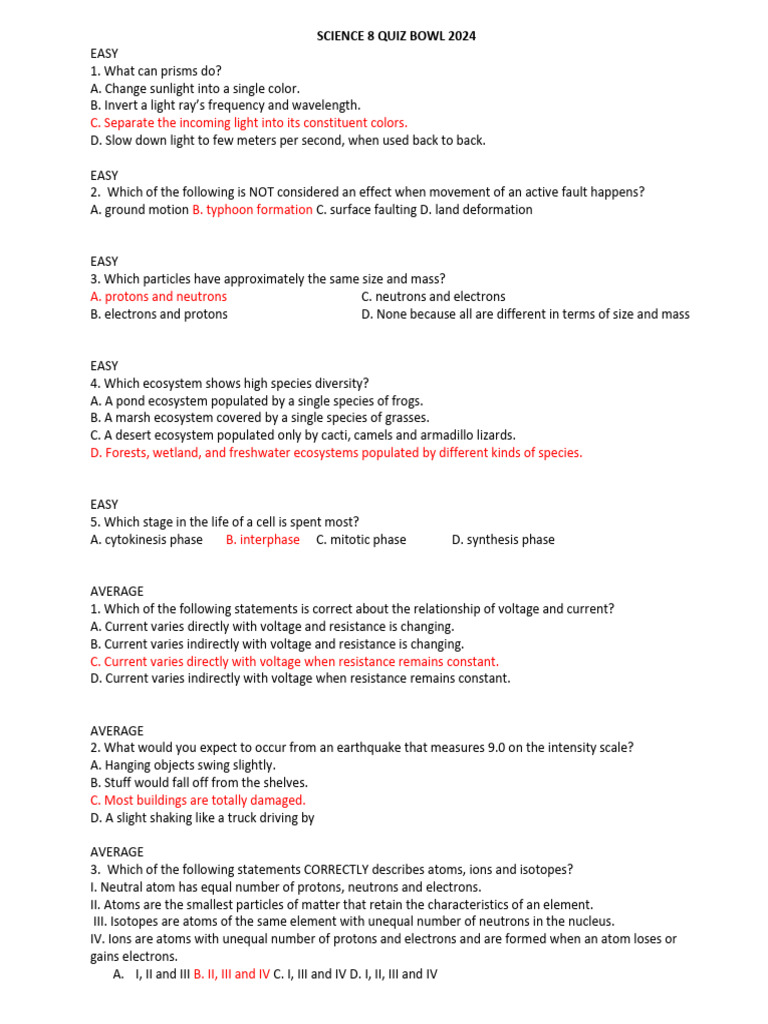 8 Science Quiz Bowl 2024 | PDF