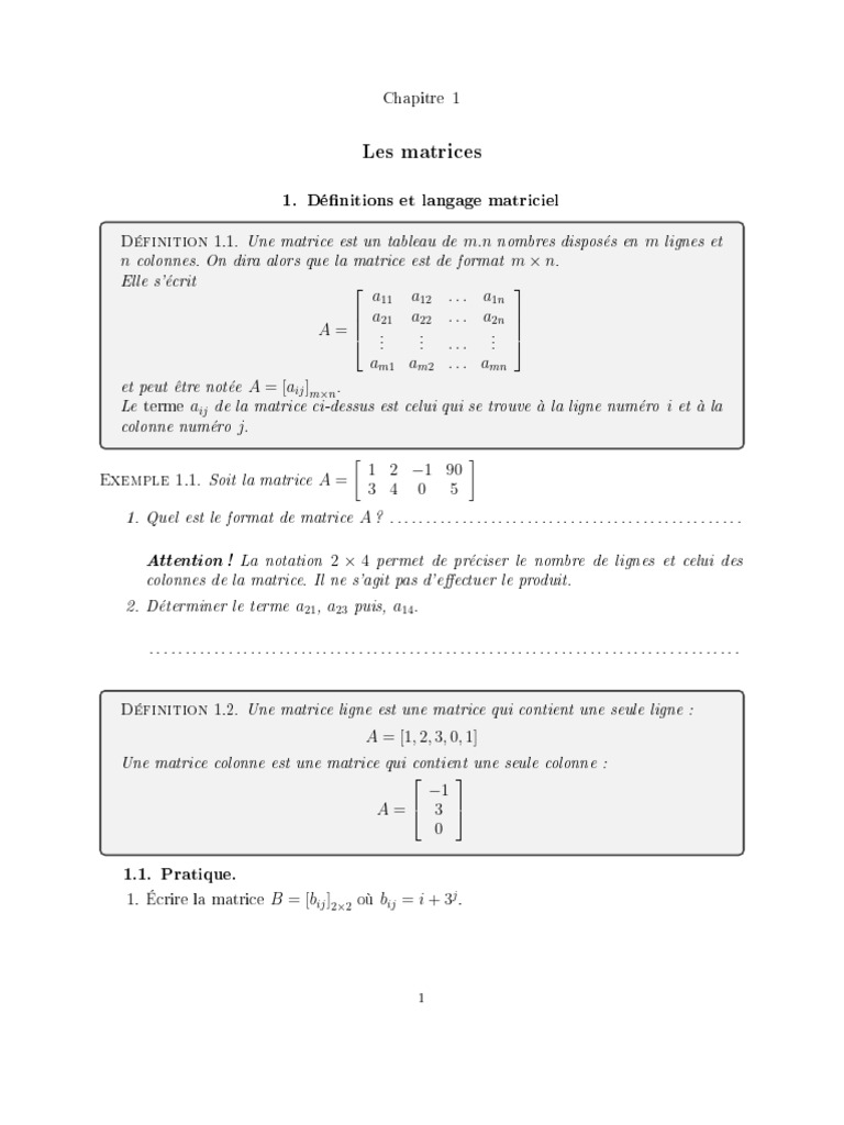 CH 1 2 Matrices Operations Sur Les Matrices | PDF