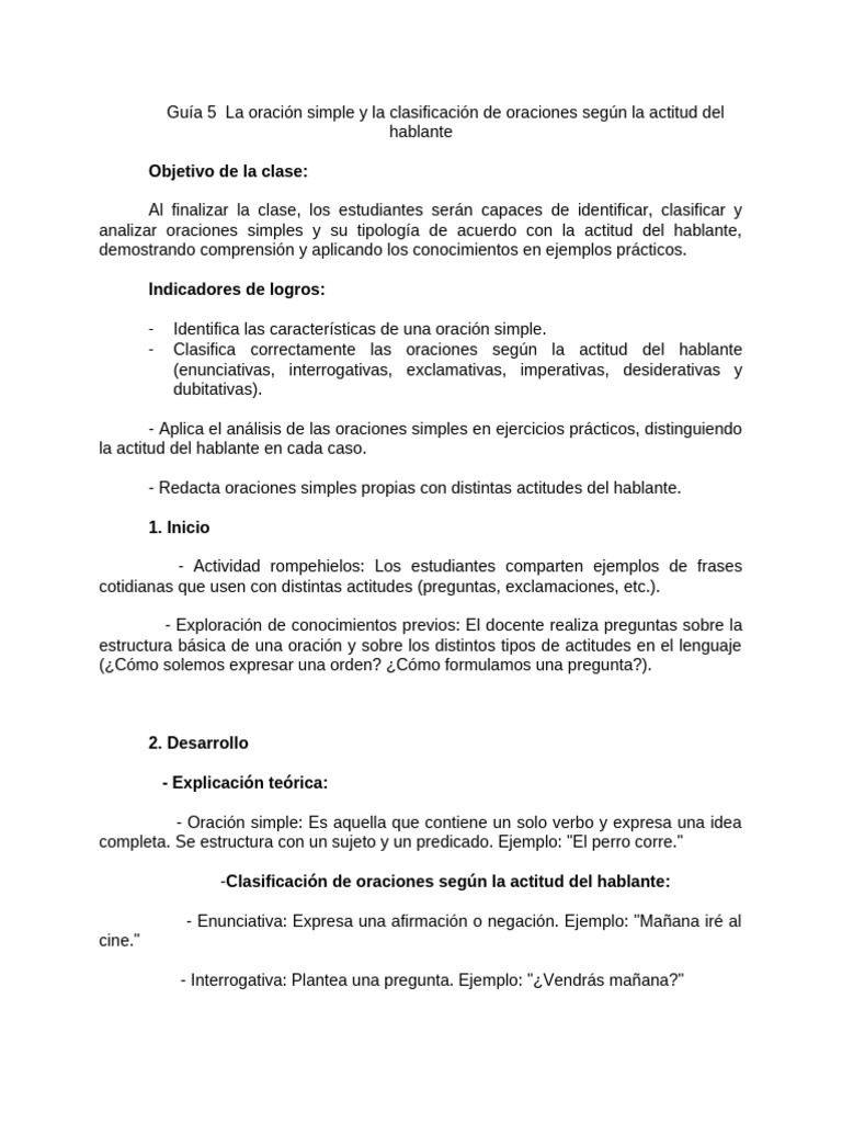 Guía 5 La Oración Simple y La Clasificación de Oraciones Según La ...