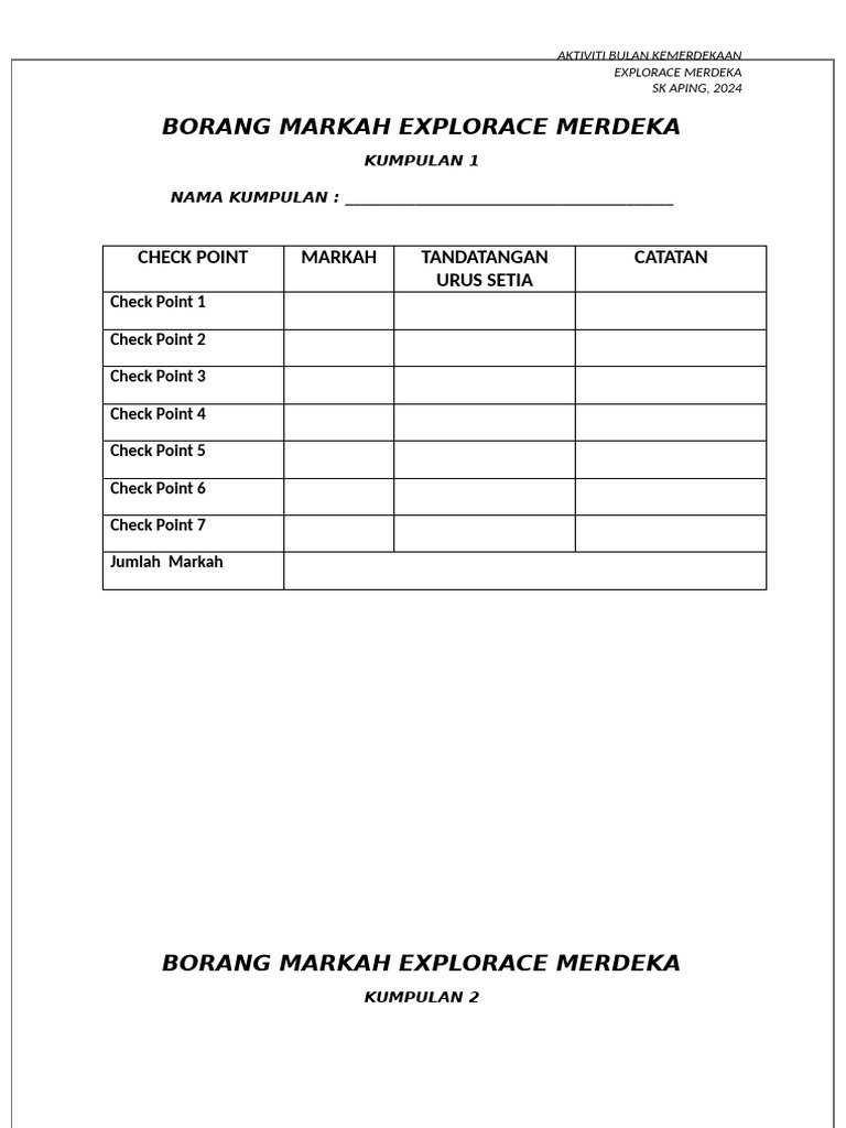 Borang Markah Explorace Merdeka | PDF