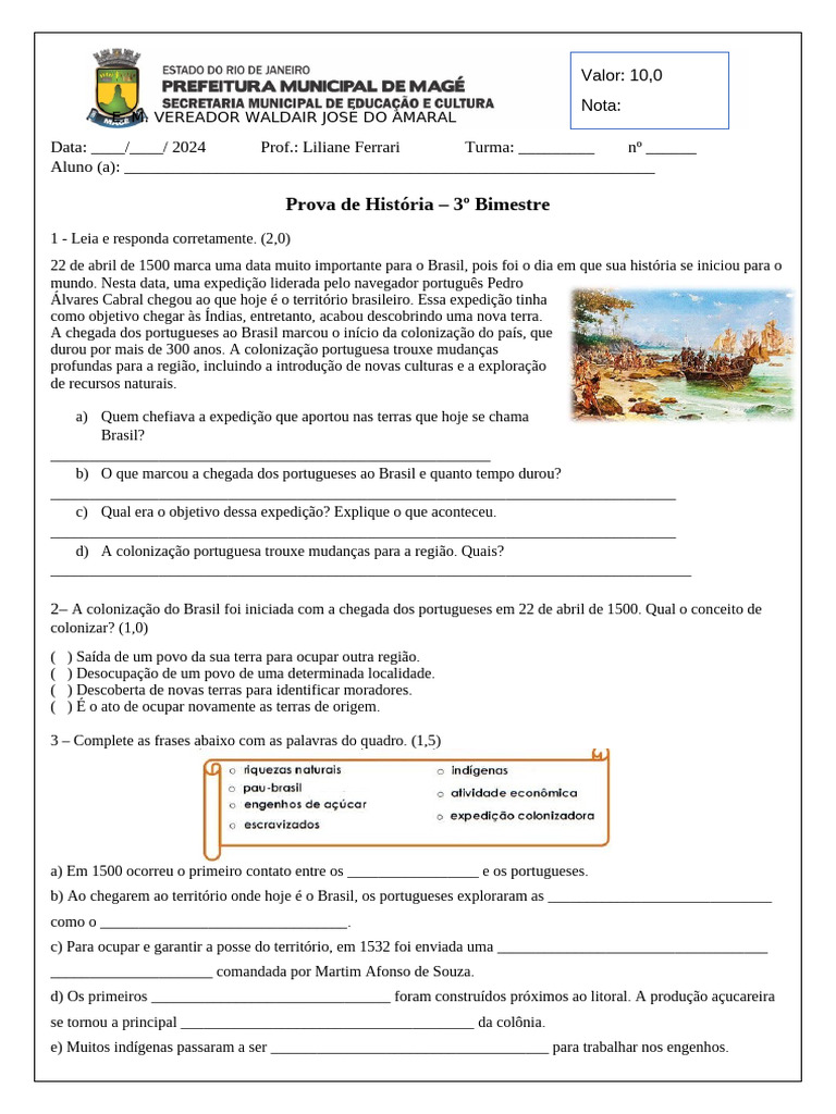 Prova de História 2º B 5º | PDF