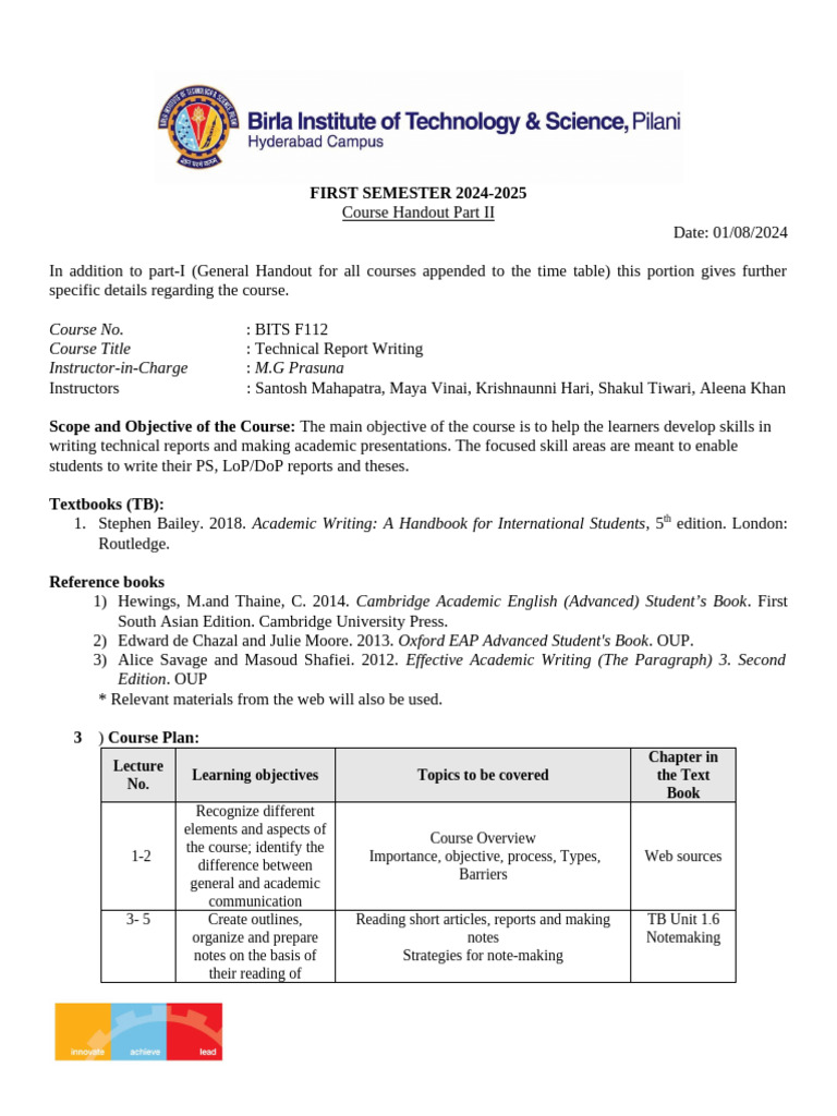 BITS F112 - Handout-1st Sem 24-25 | PDF