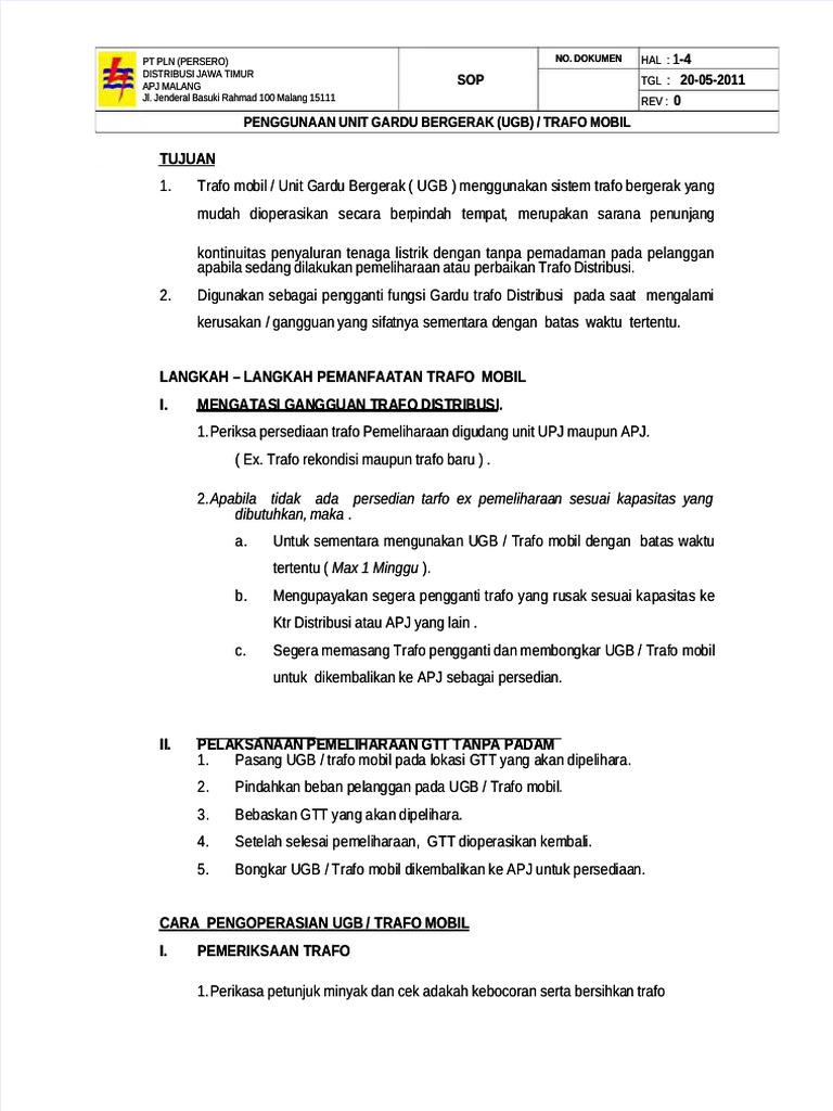 PDF Sop Penggunaan Unit Gardu Bergerak Trafo - Compress | PDF