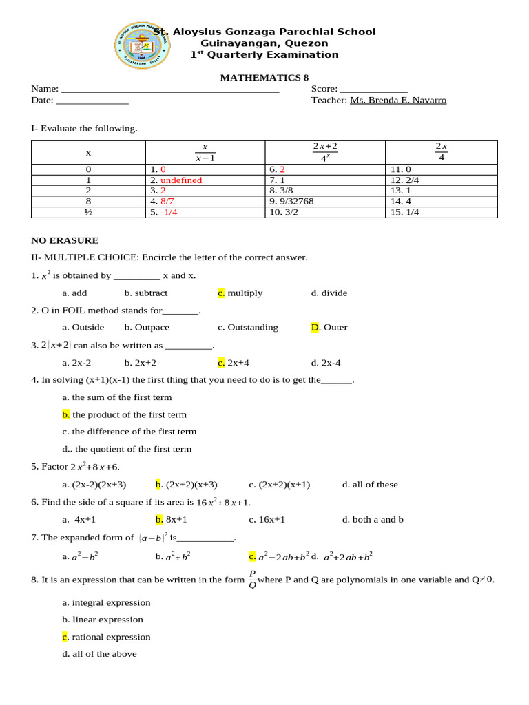 3grade 8 Quarter Exam Math Ok | PDF