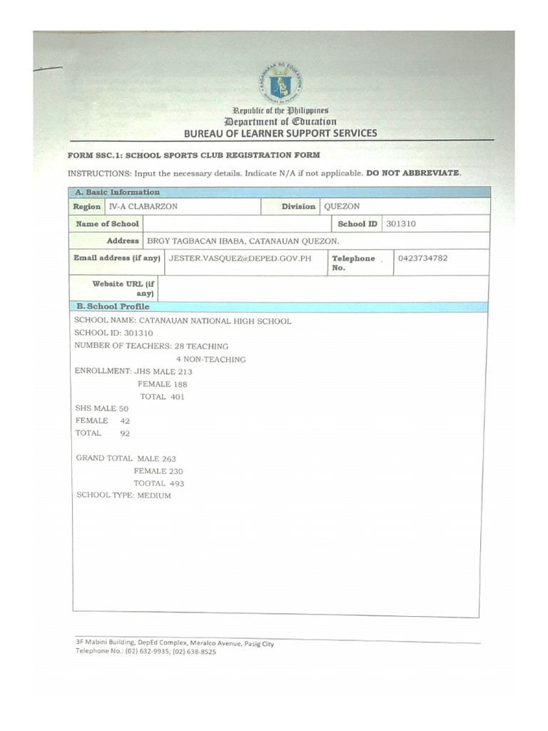 Catanauan NHS FORM SSC.1 School Sports Club Registration Form v1 | PDF