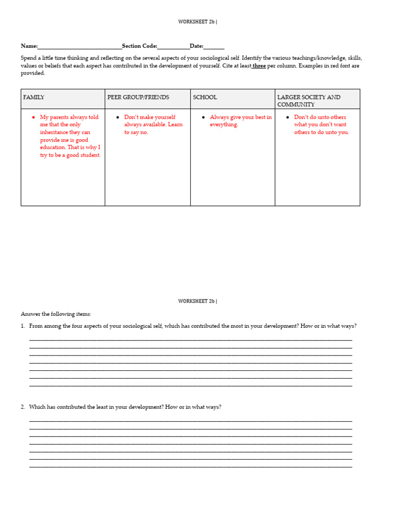 Worksheet - 2b - The Sociological Self II | PDF