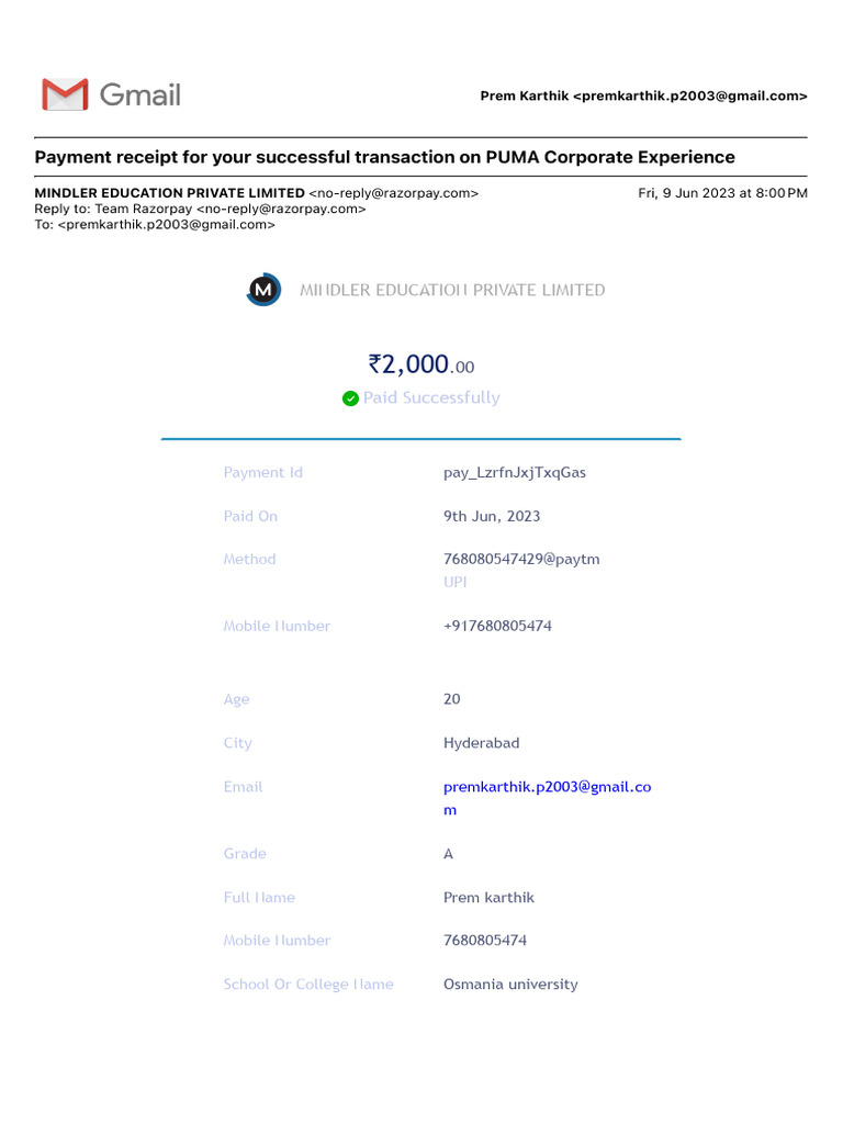 Payment Receipt For Your Successful Transaction On PUMA Corporate ...