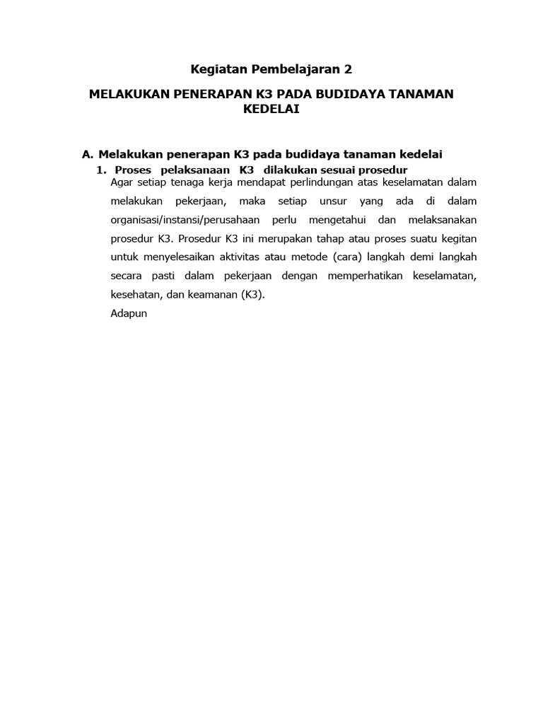 BAHAN BACAAN KP2. Melakukan Penerapan K3 Pada Budidaya Tanaman Kedelai | PDF