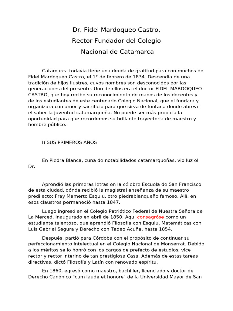 Dr. Fidel Mardoqueo Castro, Rector Fundador Del Colegio Nacional de ...