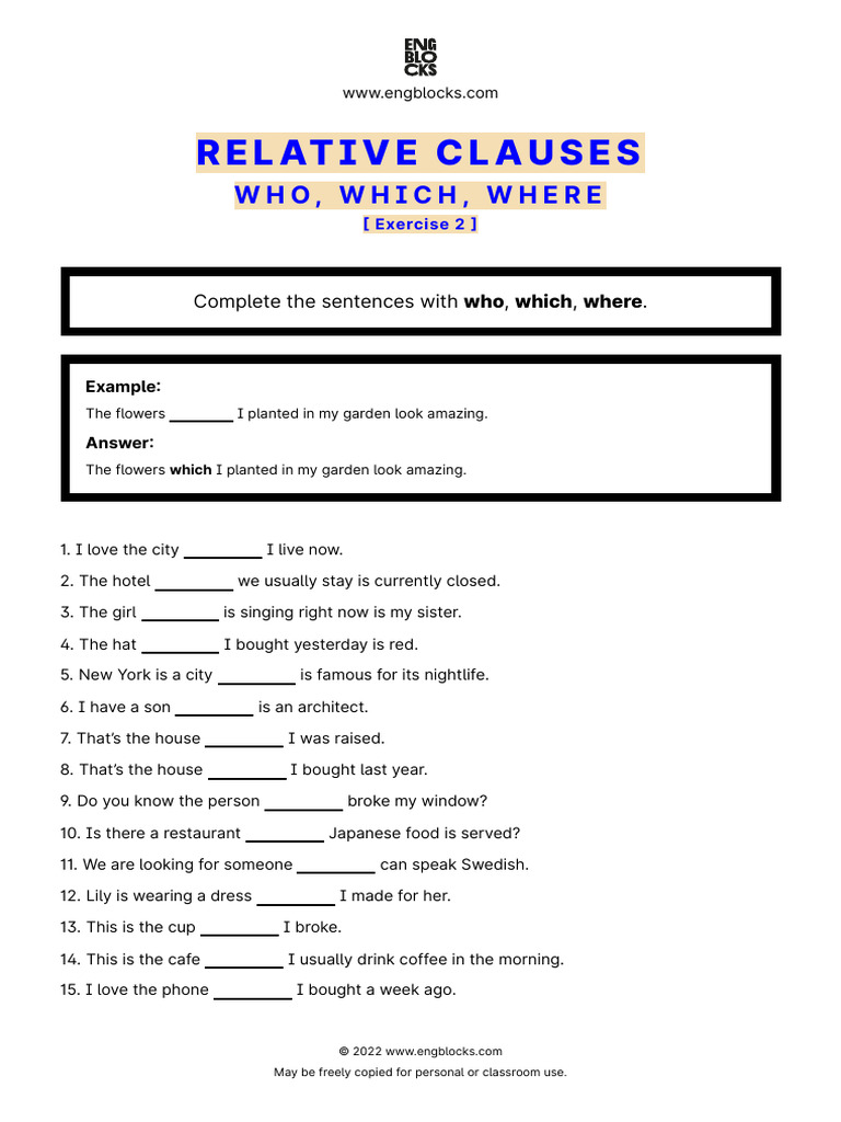 Relative Clauses - Who-Which-Where - Homework | PDF