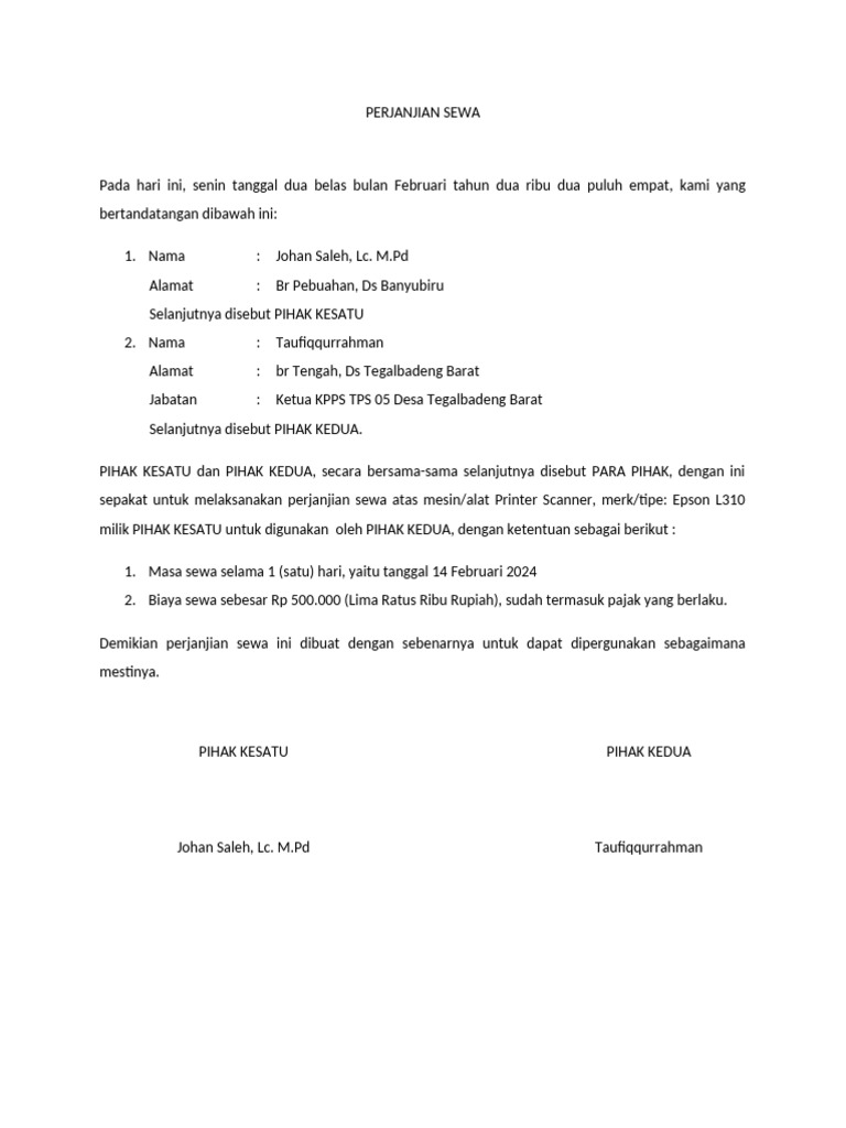 Perjanjian Sewa Printer Kpps | PDF