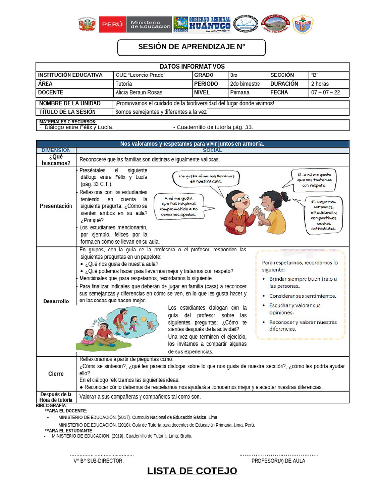 SESIÓN de APRENDIZAJE - Tutoría - Nos Valoramos y Respetamos | PDF