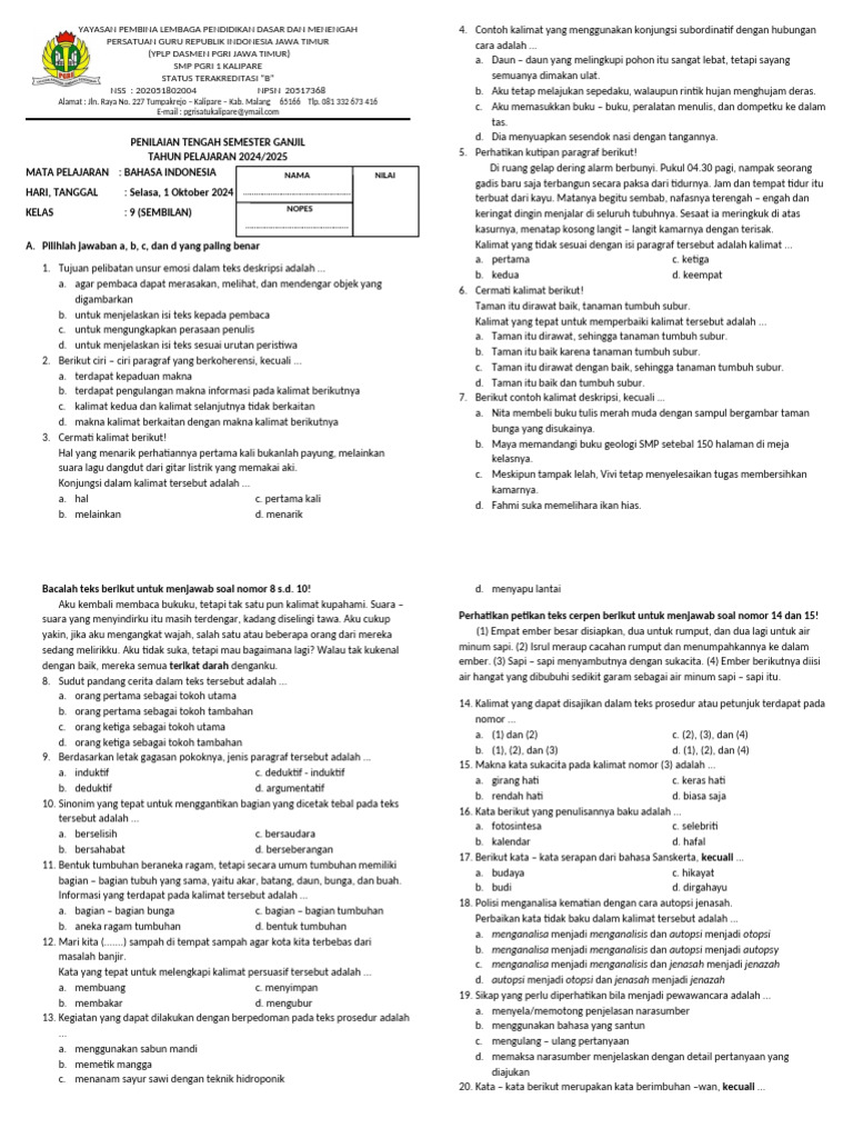 Soal Uts Bin Kelas 9 | PDF
