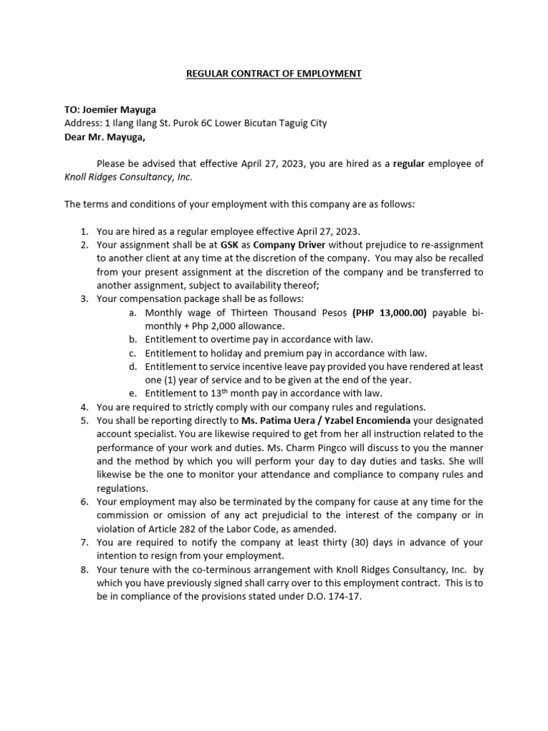 Regularization Contract - Joemier Mayuga | PDF | Employment | Civil Law (Legal System)