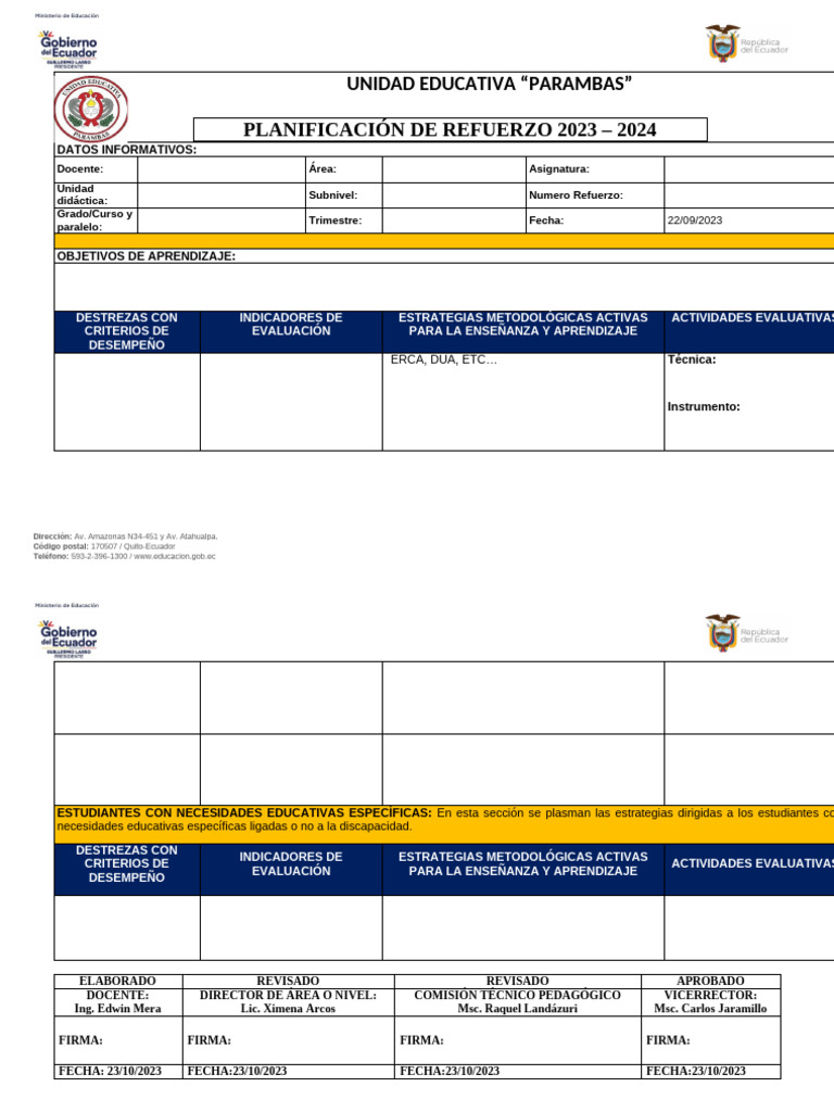 Planificación de Refuerzo 2023 - 2024: Unidad Educativa "Parambas" | PDF