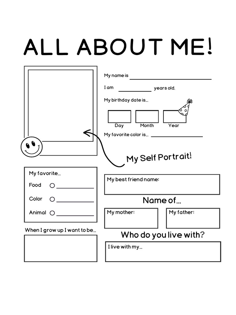 Simple Black and White Student Introduction All About Me Worksheet ...