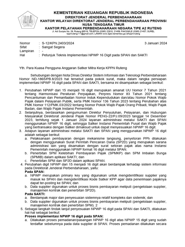 S-12 - KPN.2403 - 2024 Petunjuk Teknis Implementasi NPWP 16 Digit Pada SPAN Dan SAKTI | PDF