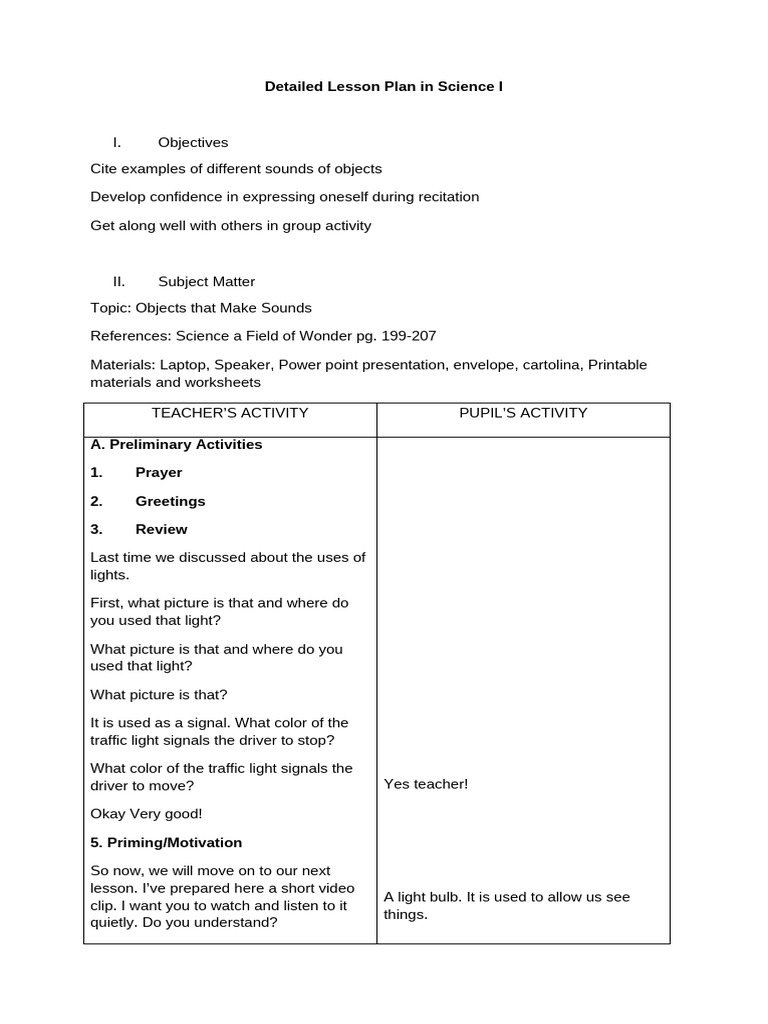Lesson Plan Science Objects That Make Sounds DEMO | PDF | Musical ...