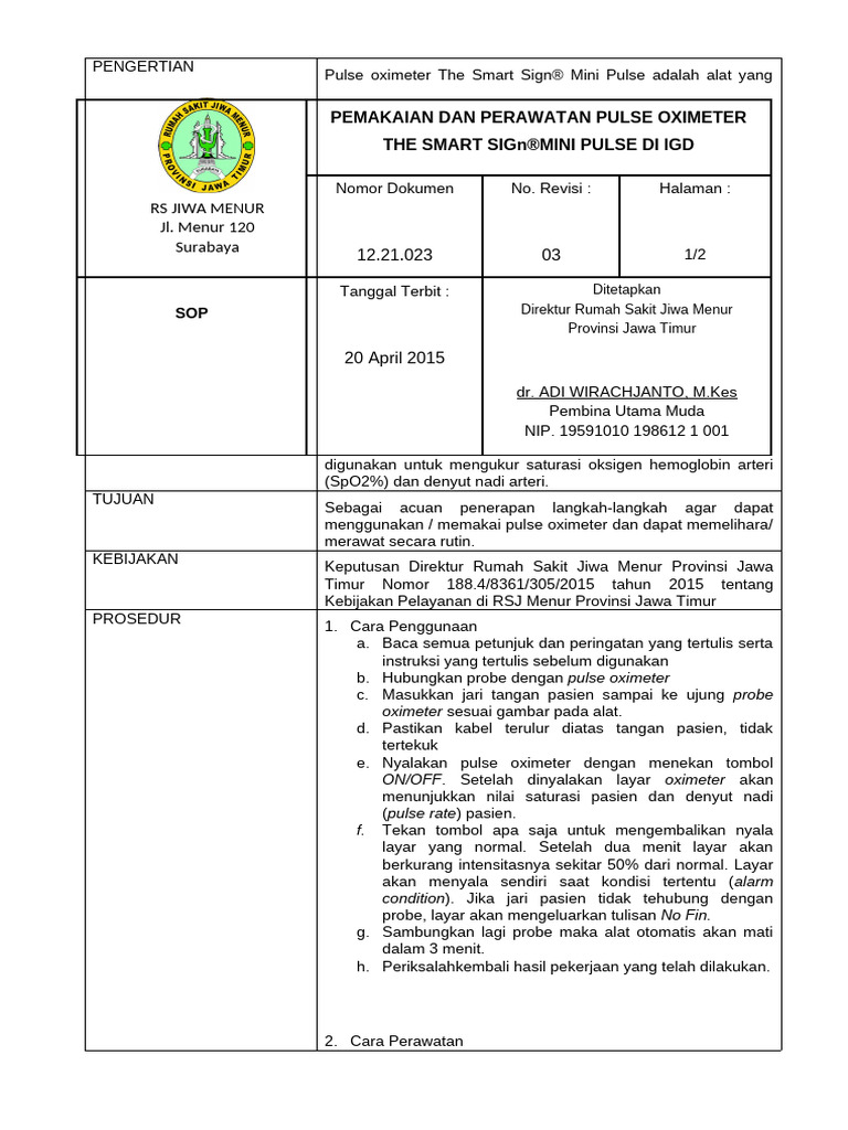 SOP 12.21.023. Pemakaian Pulse Oximeter The Smart SIGn®Mini Pulse ...