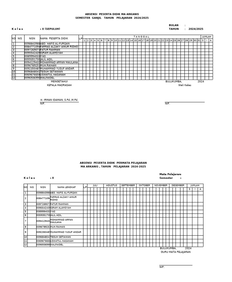 FORM Absensi Siswa Kelas X 2024 2025 1 | PDF