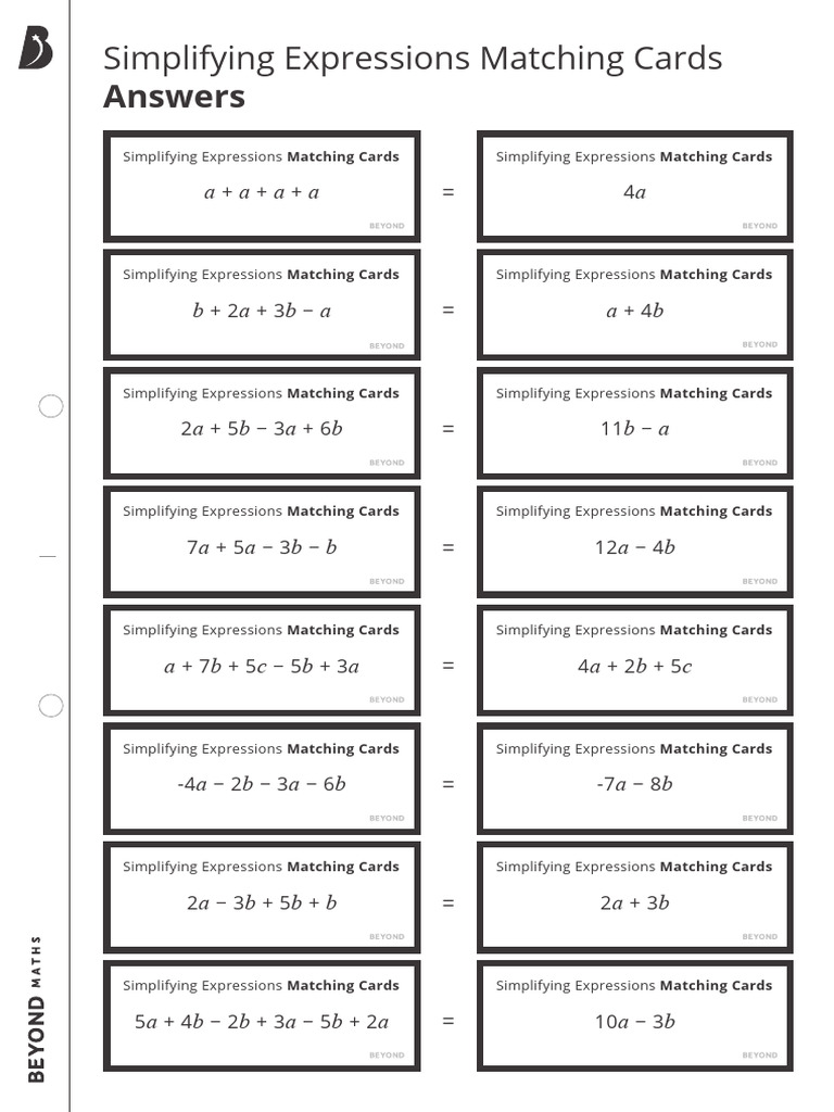 Simplifying Expressions Matching Cards - Answers | PDF