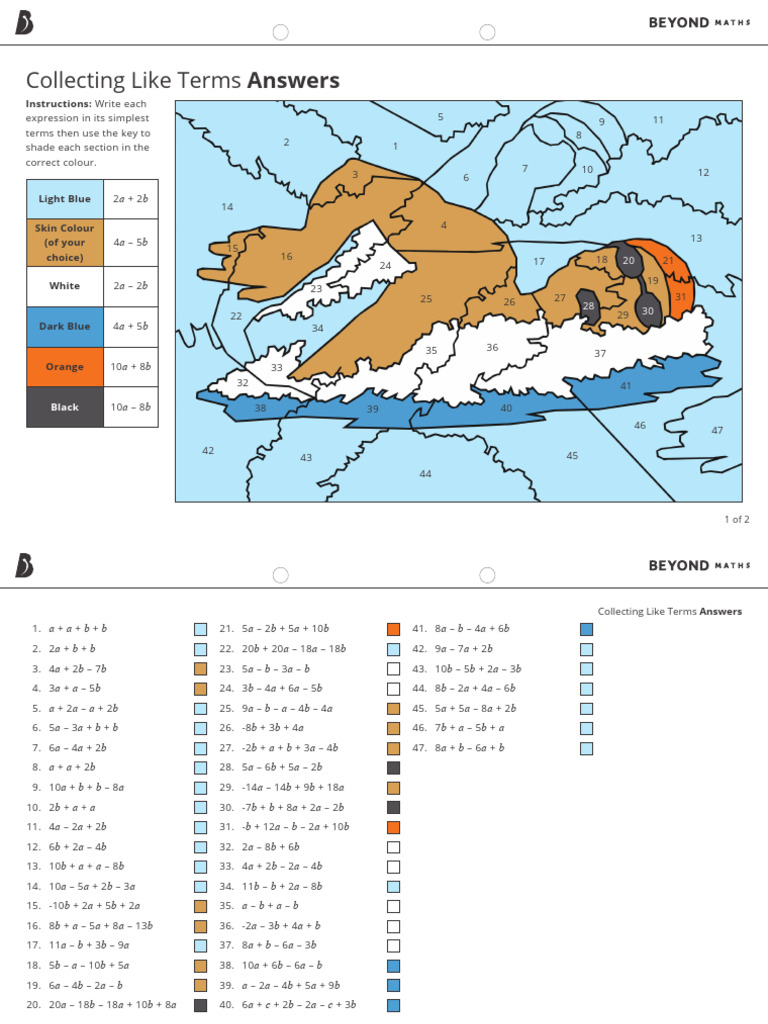 Collecting Like Terms Colour by Number - Answers | PDF