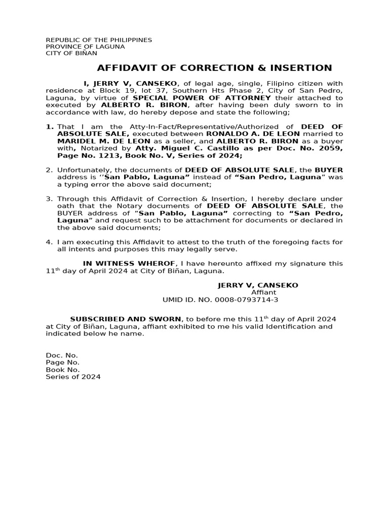 Affidavit of Correction | PDF