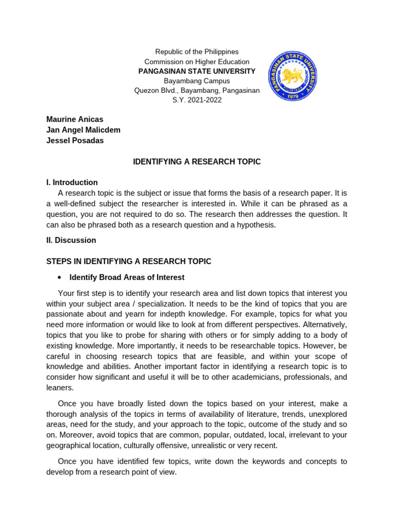 Identifying A Research Topic | PDF