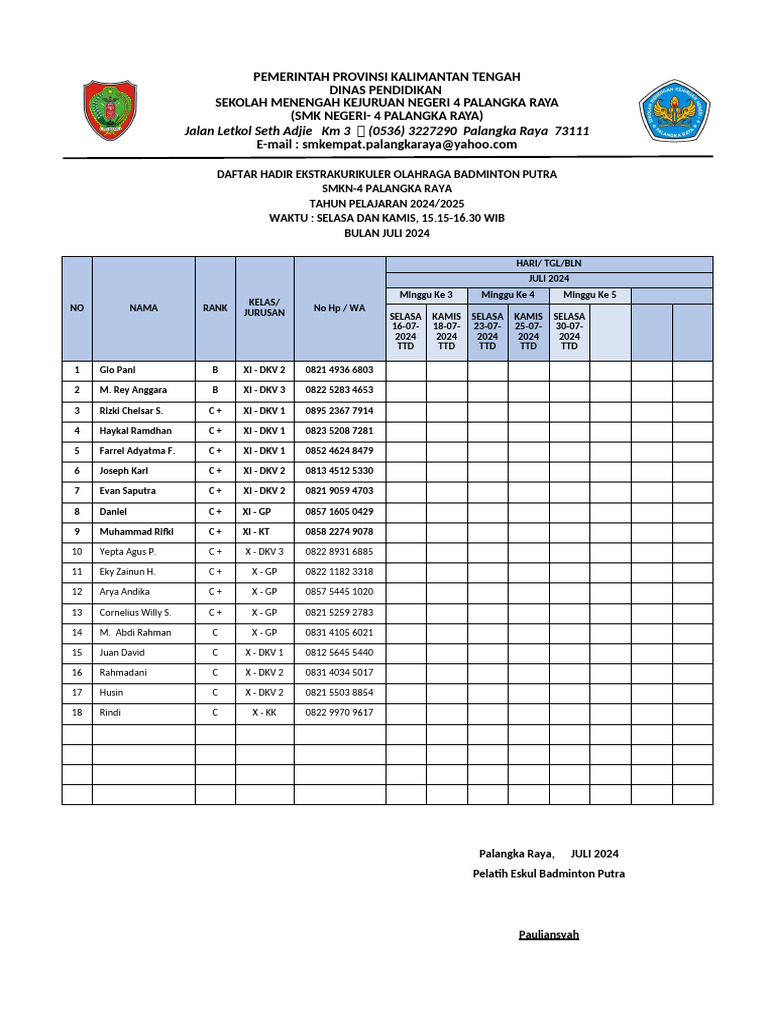 Absen Siswa Dan Pelatih Juli 2024 | PDF
